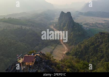 Aerial view of Nam Xay viewpoint in Vang Vieng at sunset, Laos Stock ...