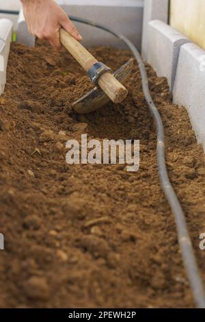 Man digging soil with a hoe in a garden Stock Photo - Alamy