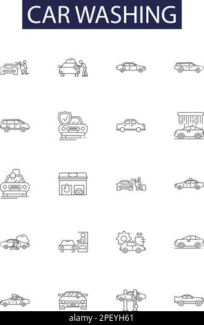 Car washing line icons, signs set, vector. Car washing outline concept ...