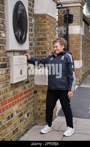 Former England cricketer Enid Bakewell with her MBE medal, after an ...