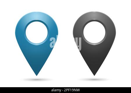 Realistic geolocation icons in blue and yellow on a white background ...