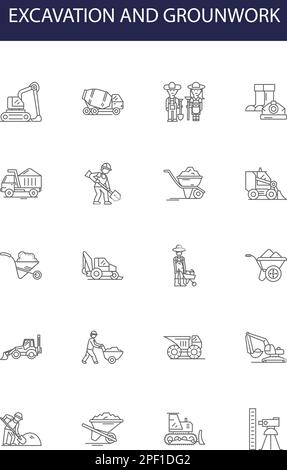 Excavation and grounwork line icons, signs, vector set, outline ...
