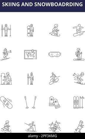 Skiing and snowboadrding line icons, signs, vector set, outline concept ...