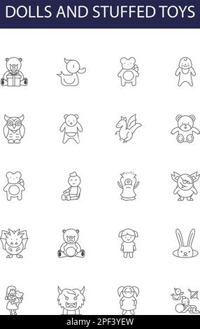 Dolls and stuffed toys line icons, signs set, vector. Dolls and stuffed ...