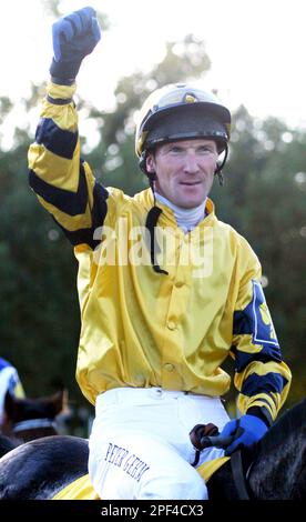 German jockey Peter Gehm on German horse Registana, foreground, sprints ...