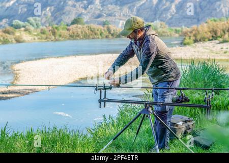 Male angler preparing on the river for a day of carpfishing, setting up ...