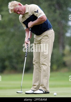 Peter Hedblom from Sweden plays a bunker shot during the Golf Omega ...