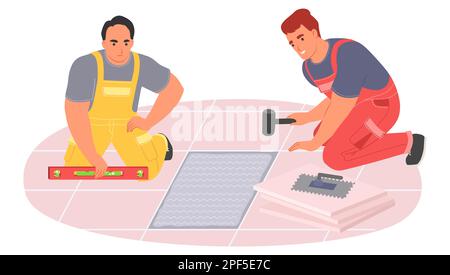 Floor Installation Cartoon Illustration with Repairman, Laying ...