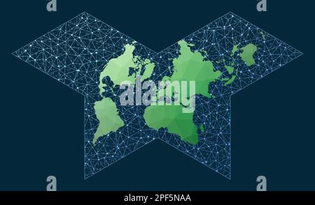 Abstract map of world network. Polyhedral Collignon projection. Green low poly world map with ...