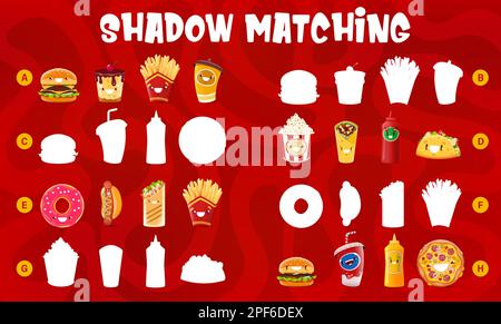 Find correct shadow of cartoon takeaway fast food characters, vector ...