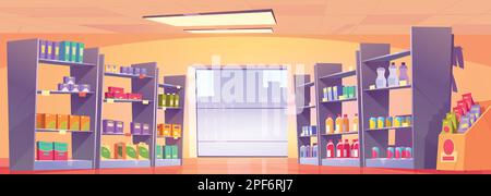 Cartoon supermarket aisle with large window. Vector illustration of ...