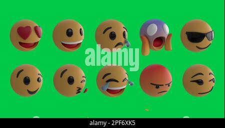Composition of two rows of emoji icons on green screen background Stock ...