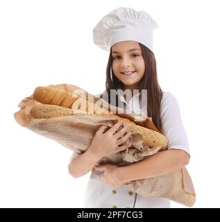 Little baker with fresh baguettes on white background Stock Photo - Alamy