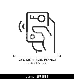 Hand with car remote starter pixel perfect white linear icon for dark ...