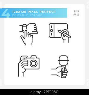 Hands with different devices pixel perfect linear icons set for dark ...
