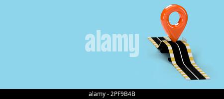 Straight bridge road with navigation pin pointer target search icon on ...