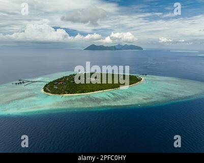 Aerial view of tropical island Pompong with beach and blue sea. Tun ...