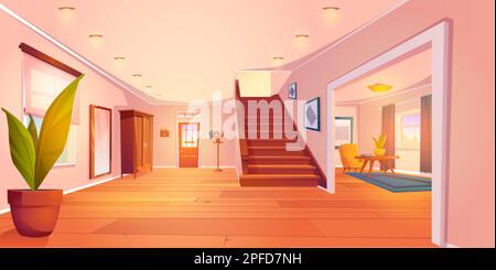Cartoon interior with staircase. Cozy hallway room, home inside and two ...