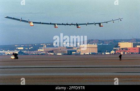 The Centurion remotely piloted flying wing during an early morning test ...