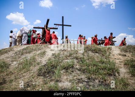 Real crucifixion and flagellants parade for Holy Week, Good Friday ...