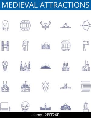 Medieval attractions line icons signs set. Design collection of Castles ...