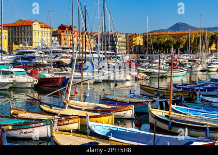 Nice, France - August 5, 2022: Nice port with yachts, boats and pierces ...