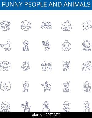 Funny people and animals line icons, signs set. Humorous, Comical ...