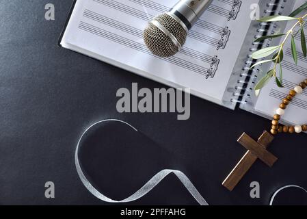 Choral music background for Palm Sunday with sheet music, microphone ...