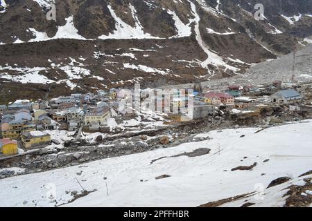 Snow covered Kedarnath dham, Kedarpuri in India. Kedarnath is a town in ...