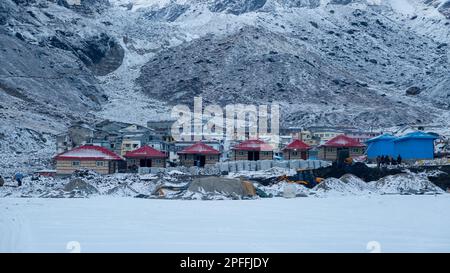 Snow covered Kedarnath dham, Kedarpuri in India. Kedarnath is a town in ...