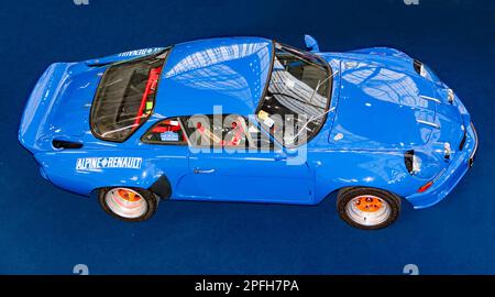 Aerial view of the Blue, Renault Alpine A110S, on the Alpine Stand at ...