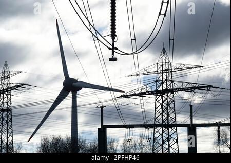 GERMANY, Hamburg, electric grid, power transmission pole, Enercon wind ...