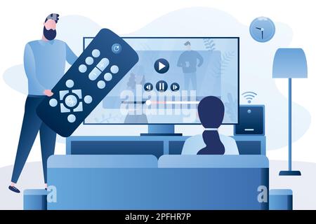 Love couple watch video with remote control and television multimedia ...