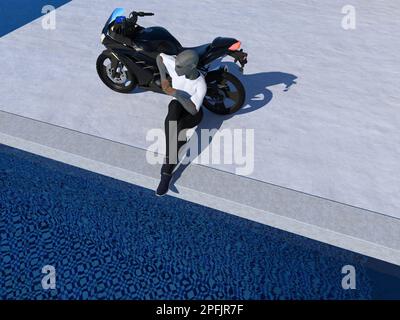 3d Illustration of an alien leaning on a motorcycle next to a pool in a ...
