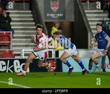 Cameron Scott #17 of Hull FC celebrates his try and makes the score 0-4 ...