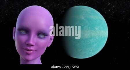 3d illustration of a pink skinned bald female alien with opaque eyes in ...