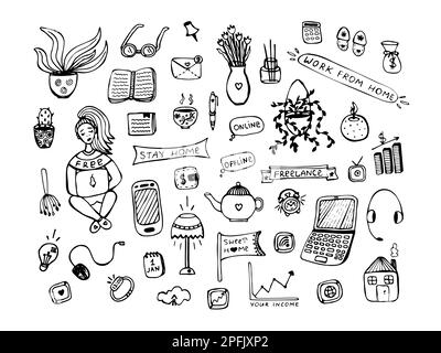 Office work doodle set. Office computer, work desk, notebook doodle ...