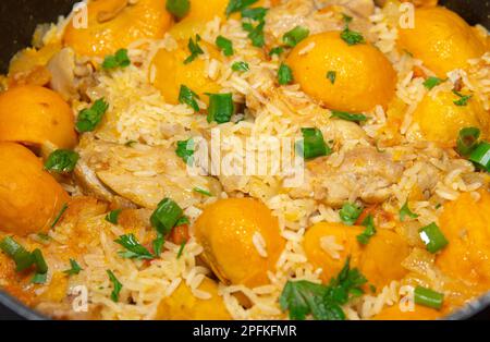 Traditional Brazilian delicacy, rice with chicken and pequi (Caryocar ...