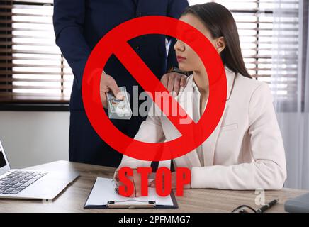 Stop corruption. Illustration of red prohibition sign and man giving ...