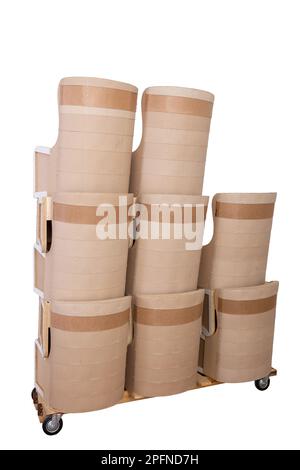 A stack of chair bodies on a trolley is prepared for moving to the ...