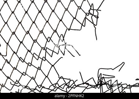 The texture of the metal mesh. Torn, destroyed, broken metal mesh on a ...
