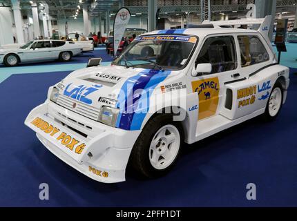 Three-quarter view of an Austin MG Metro 6R4 rally car once driven by ...