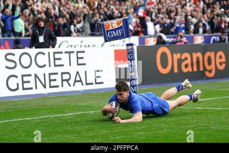 France's Damian Penaud scores their side's fifth try of the game during ...
