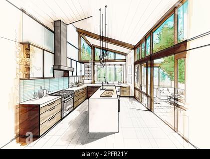 Interior Design modern Kitchen Drawing Plan Stock Photo - Alamy