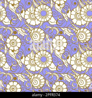 seamless pattern of large white flowers with a golden outline on a blue ...