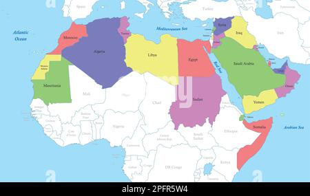 Political color map of MENA region with borders of the states. Middle ...
