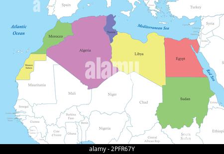 Political color map of MENA region with borders of the states. Middle ...