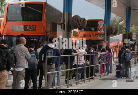 People takes Long Win Bus at the bus terminal in Hong Kong ...