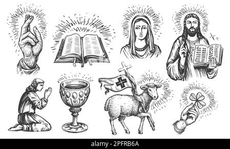 Faith in God concept, sketch. Hand drawn collection of religious ...