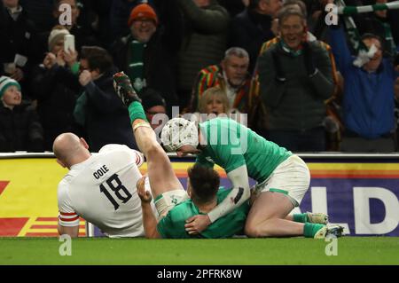 Ireland's Dan Sheehan celebrates scoring their side's first try of the ...